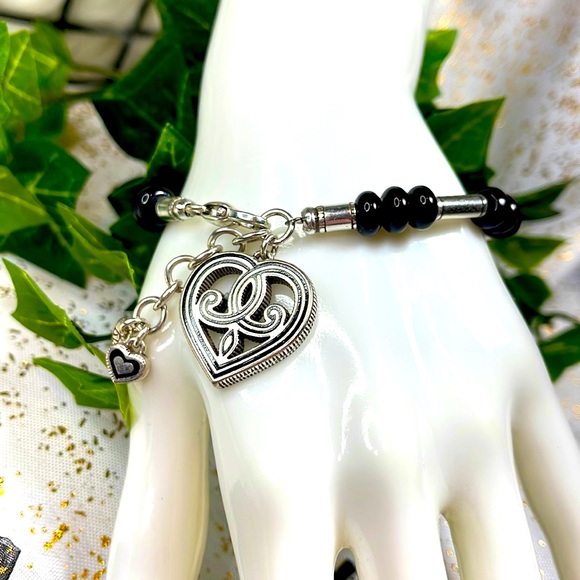 Brighton | Jewelry | Brighton Bracelet Black Beads Silver Hearts | Poshmark